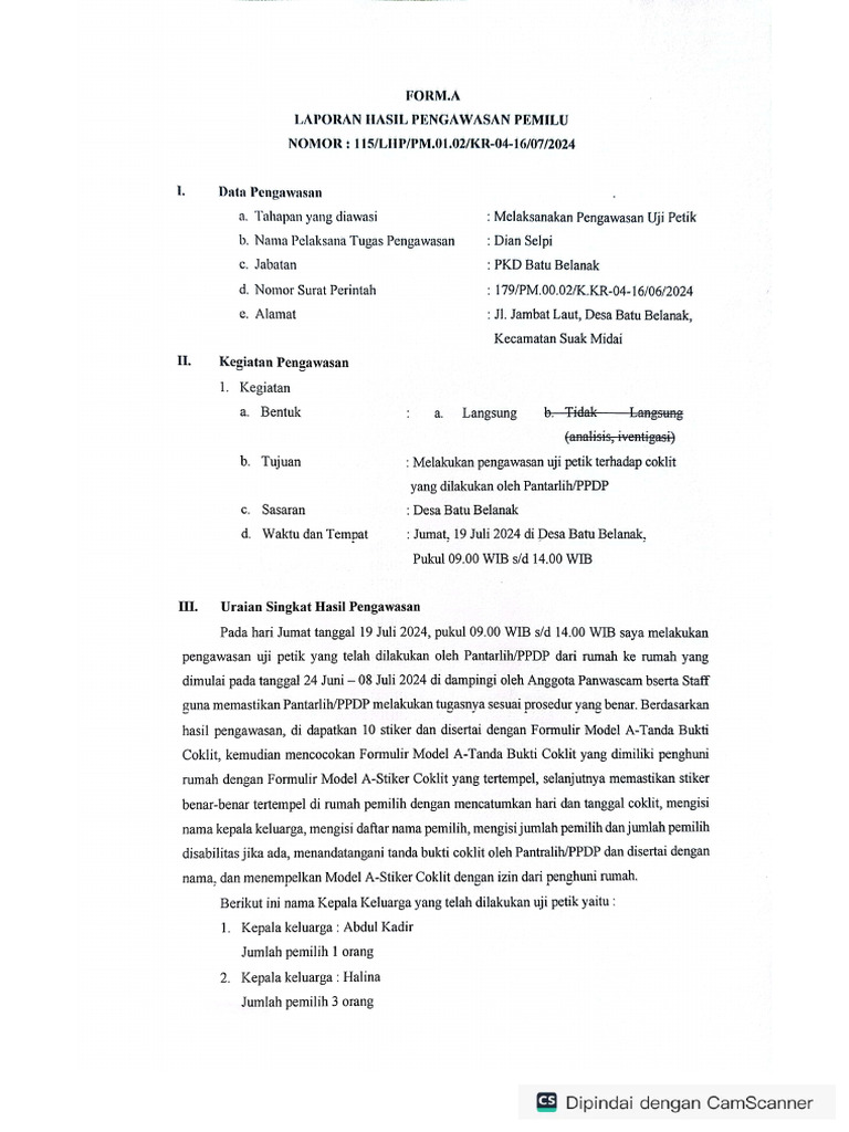 Form A Pengawasan Uji Petik 19-07-2024 | PDF