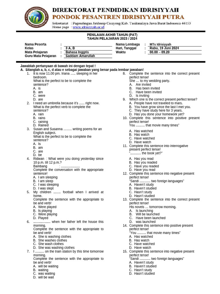 Pat - Genap - Bahasa Inggris - 3a&b | PDF | Semantic Units | Grammar