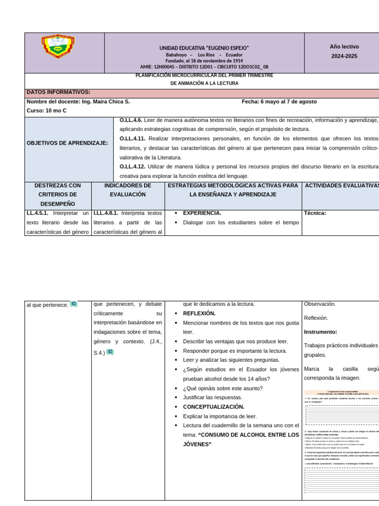 -PLANIFICACION-ANIMACION-A-LA-LECTURA 10 mo | PDF | Aprendizaje | Cognición