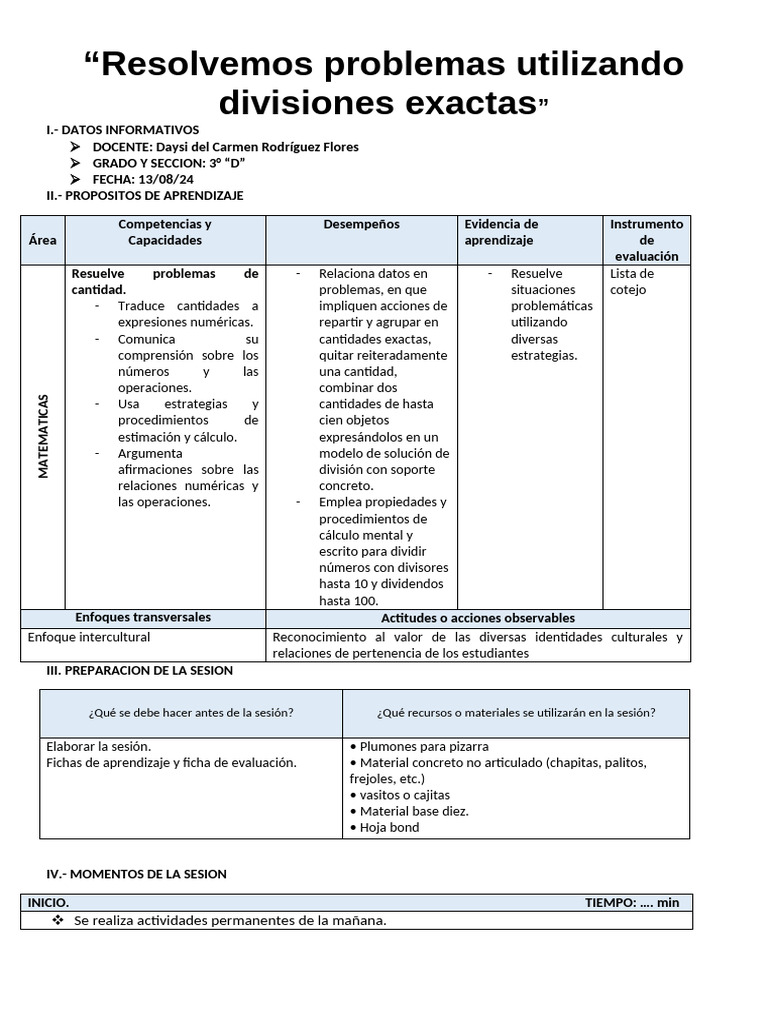 Mat - Resolvemos Problemas Con Divisiones Exactas | PDF | Aprendizaje | Evaluación