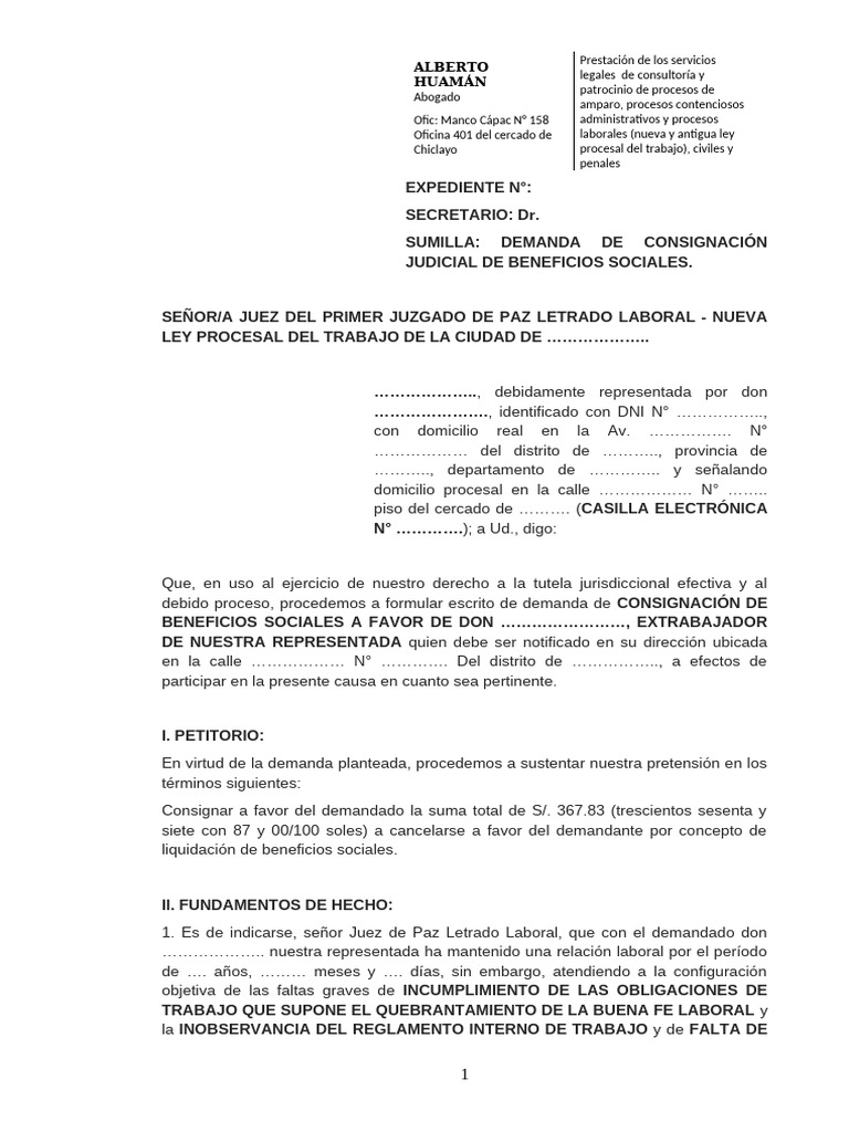 Modelo de Demanda de Consignación Judicial de Beneficios Sociales | PDF | Demanda judicial | Ley ...