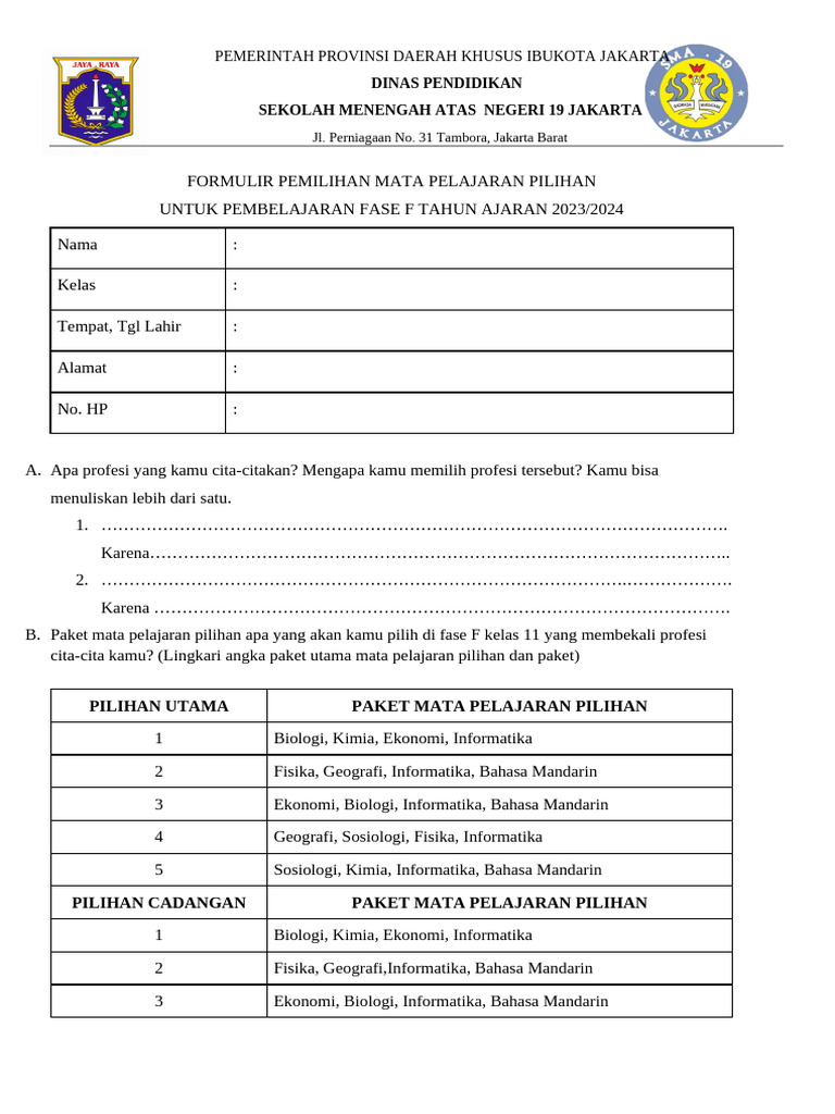 FORMULIR PEMILIHAN MAPEL | PDF