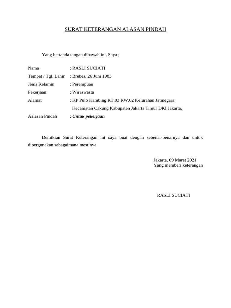 Surat Keterangan Alasan Pindah | PDF
