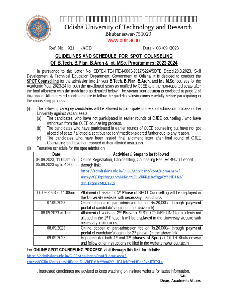 783 - Spot Admission - Notice - B - Tech - B - Arch - BPlan - Int ...