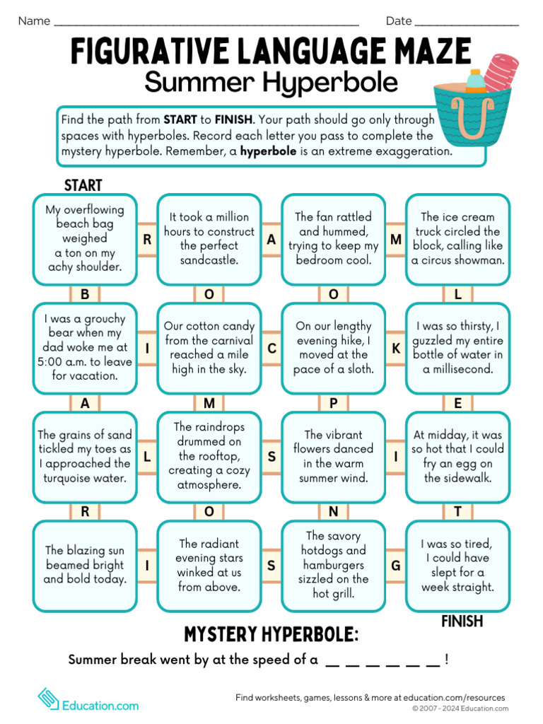 Figurative Language Maze Summer Hyperbole | PDF
