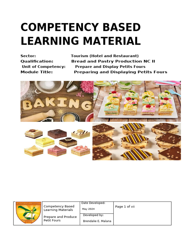 COMPETENCY BASED LEARNING MATERIAL Petit Fours | PDF | Cakes | Custard