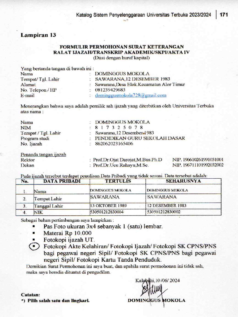 Data Perbaikan Dominggus Mokola | PDF