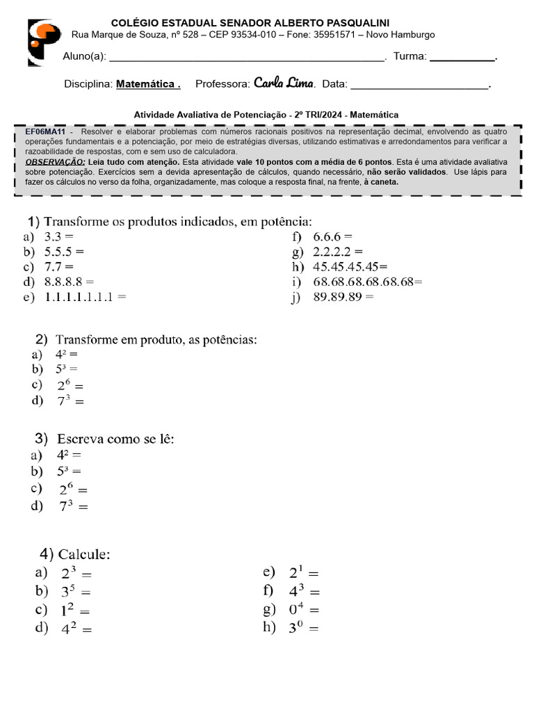 6º Ano - Turma 61 - 2024 - Atividade Avaliativa de Matemática - 2º TRI_2024 | PDF