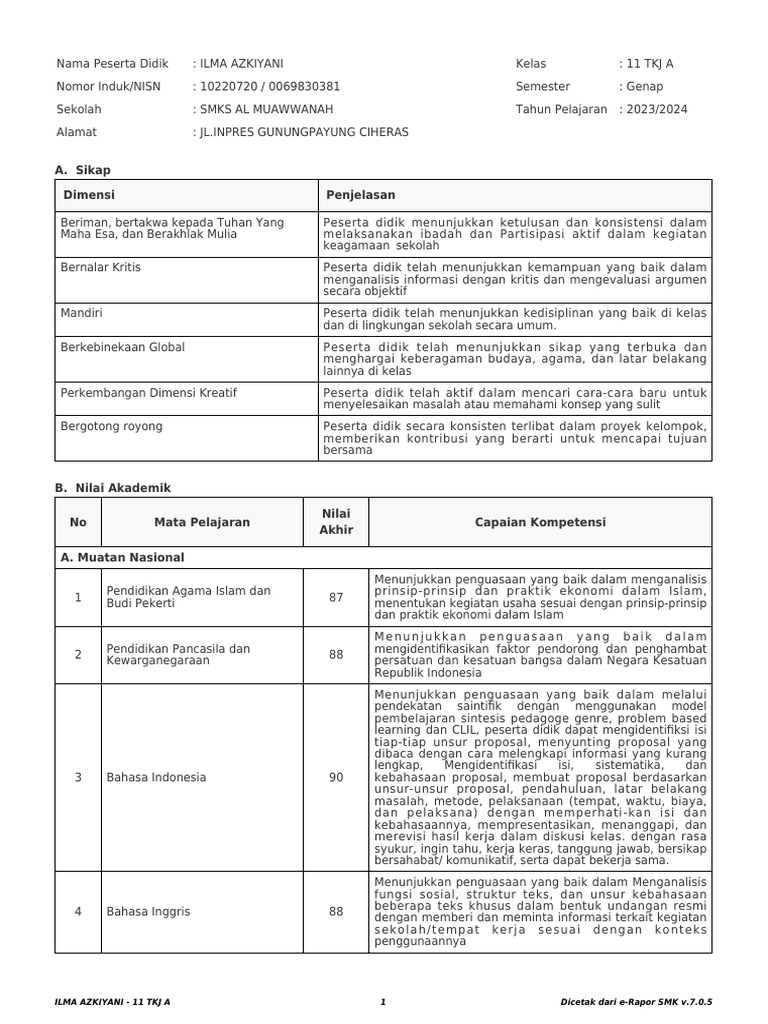 Rapor Ilma Azkiyani - 11 TKJ A | PDF