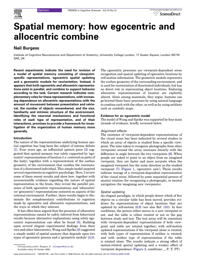 Spatial Memory - How Egocentric and Allocentric Combine | PDF ...