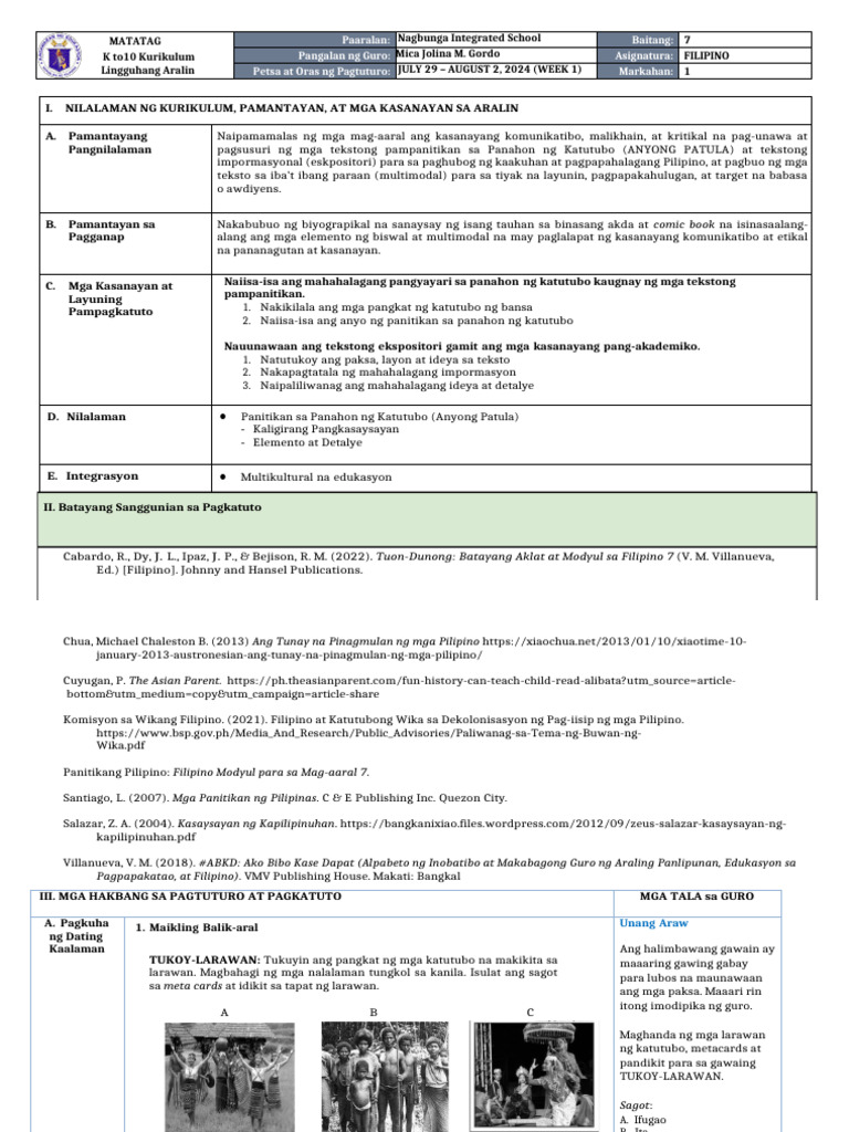 Dll Matatag Filipino 7 Q1 W1 Pdf