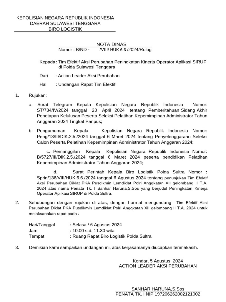 Nota Dinas Undangan Rapat Tim Efektif | PDF