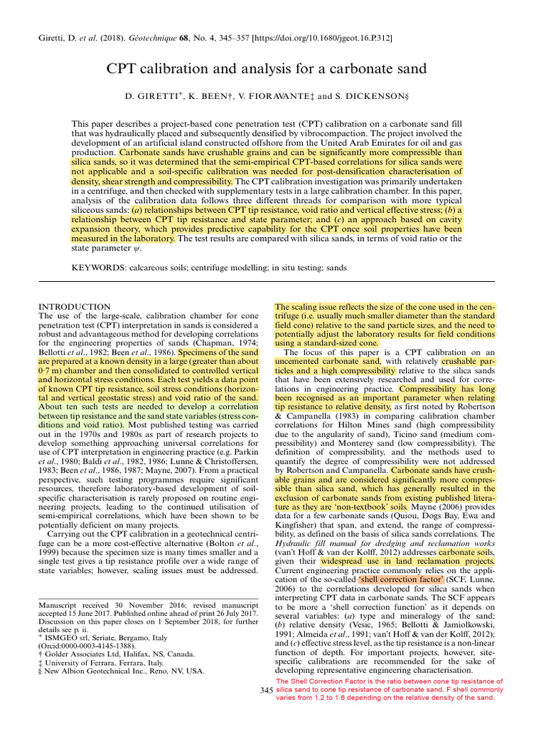 D. Giretti Et Al. 2018 CPT Calibration and Ana | PDF | Sand | Pressure