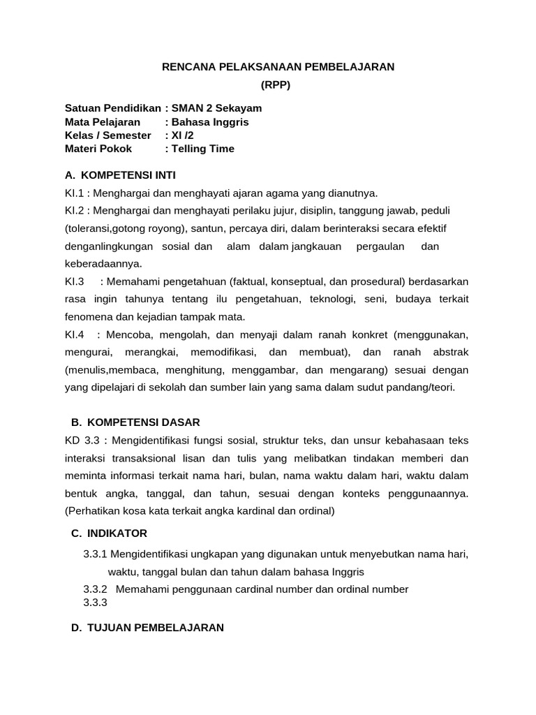 RPP Bahasa Inggris: Telling Time Kelas XI | PDF