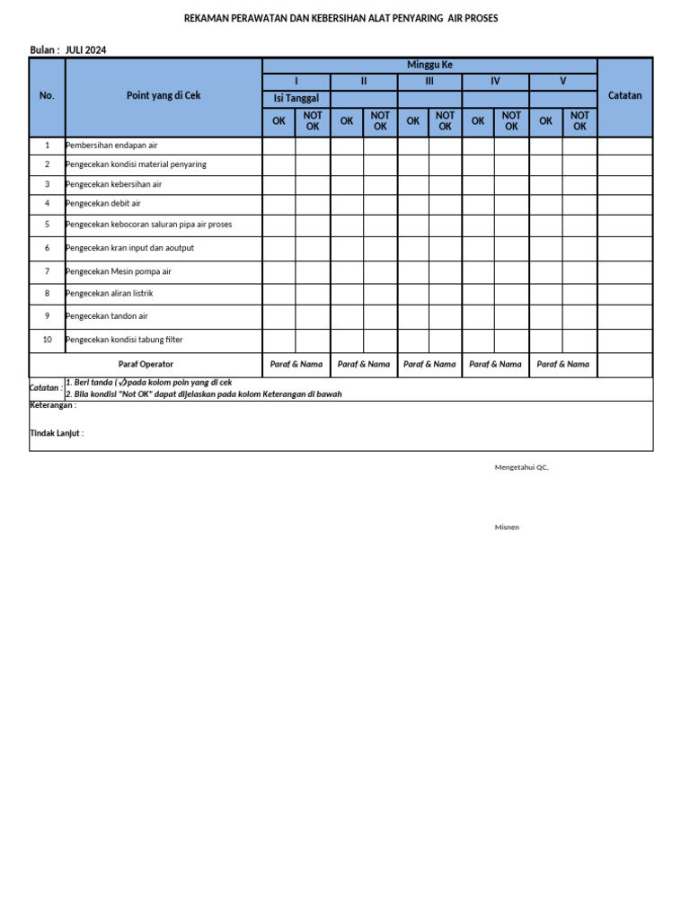 Formulir Pembersihan Tabung Filter Air Proses REV OKE | PDF