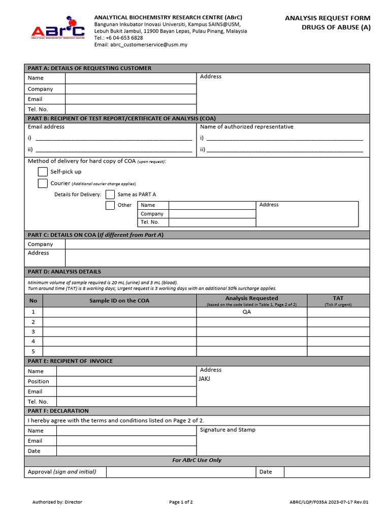 ABrC Drugs of Abuse Analysis Request | PDF | Gas Chromatography–Mass ...