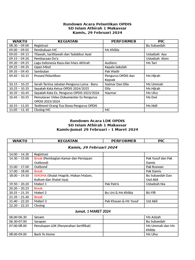 Rundown Acara Pelantikan Dan LDK OPDIS-1 | PDF