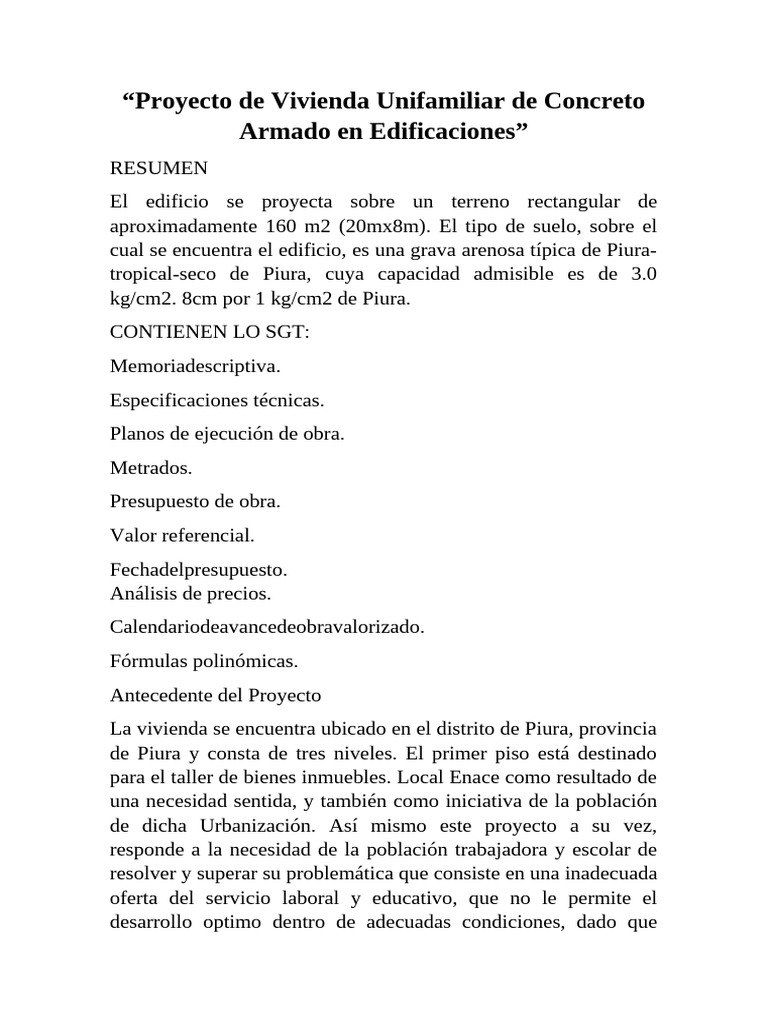 Proyecto Unifamiliar de Concreto Armado en Edificaciones de Una Edificación | PDF | Fundación ...