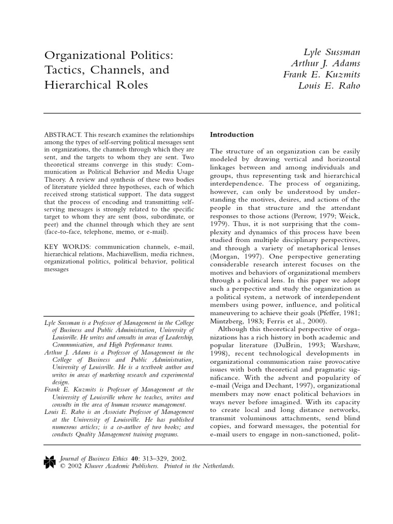 Organizational Politics - Tactics, Channels, and Hierarchical Roles ...
