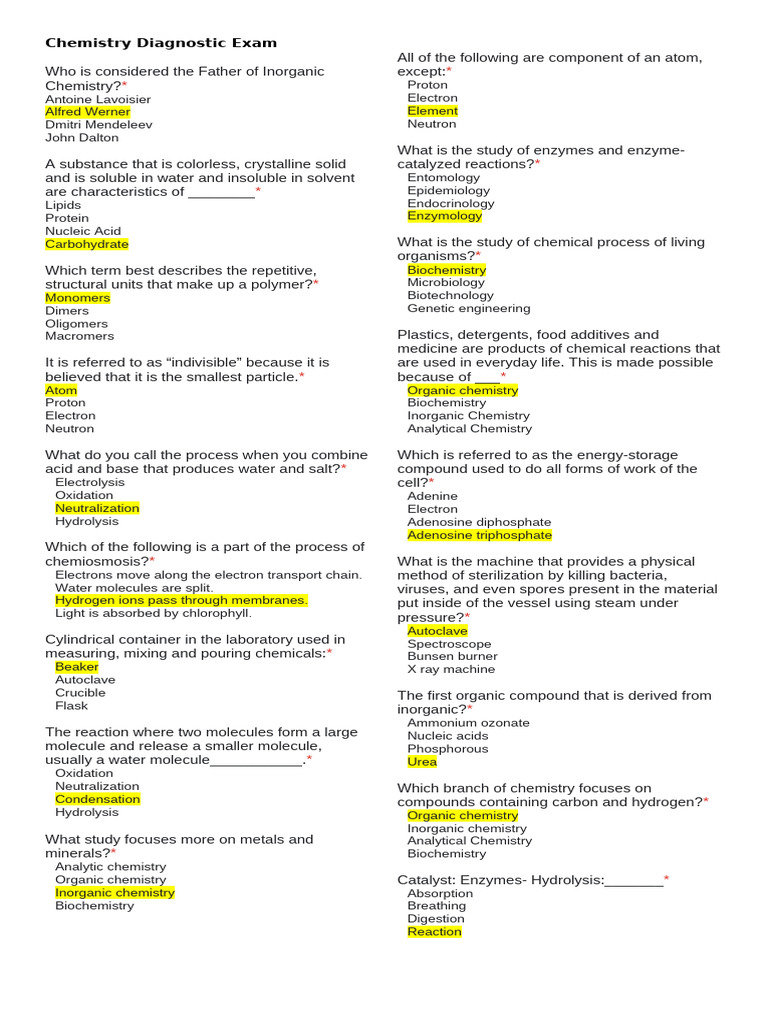 Chemistry Diagnostic Exam | PDF | Chemistry | Organic Chemistry