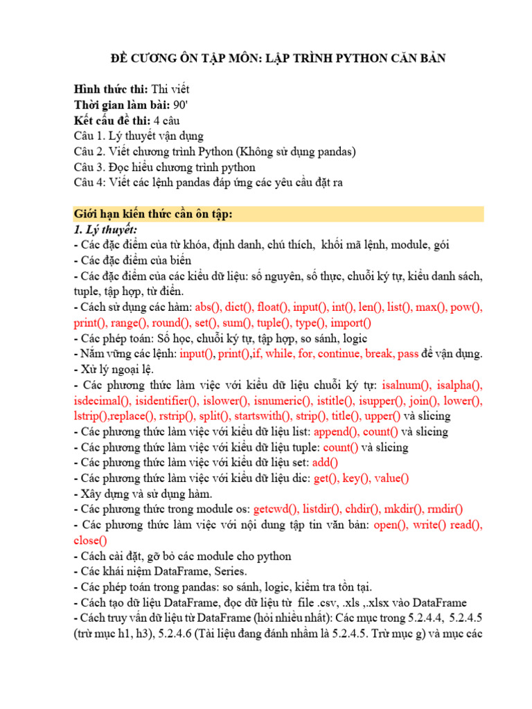 DeCuongOnTap - LapTrinh Python CanBan | PDF