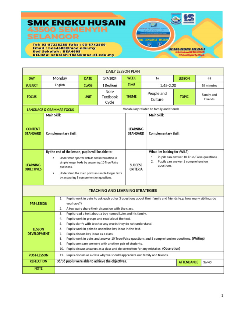 LP Week 16 Monday | PDF | Reading Comprehension | Lesson Plan