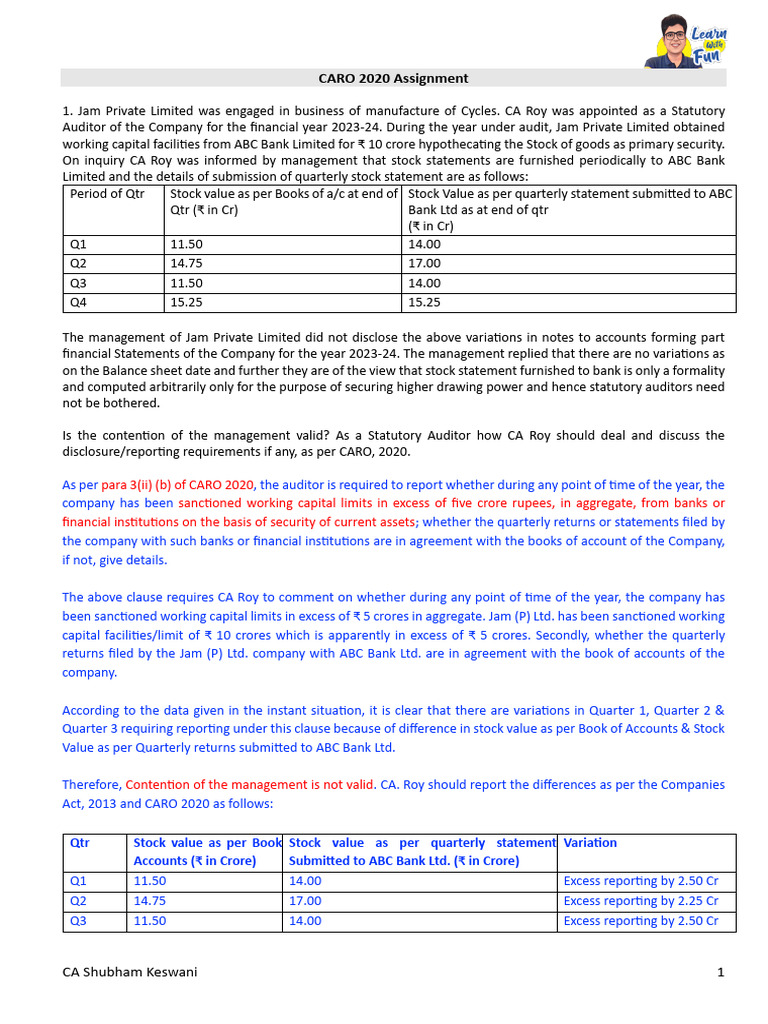 CARO 2020 Assignment (2) | PDF | Audit | Corporations