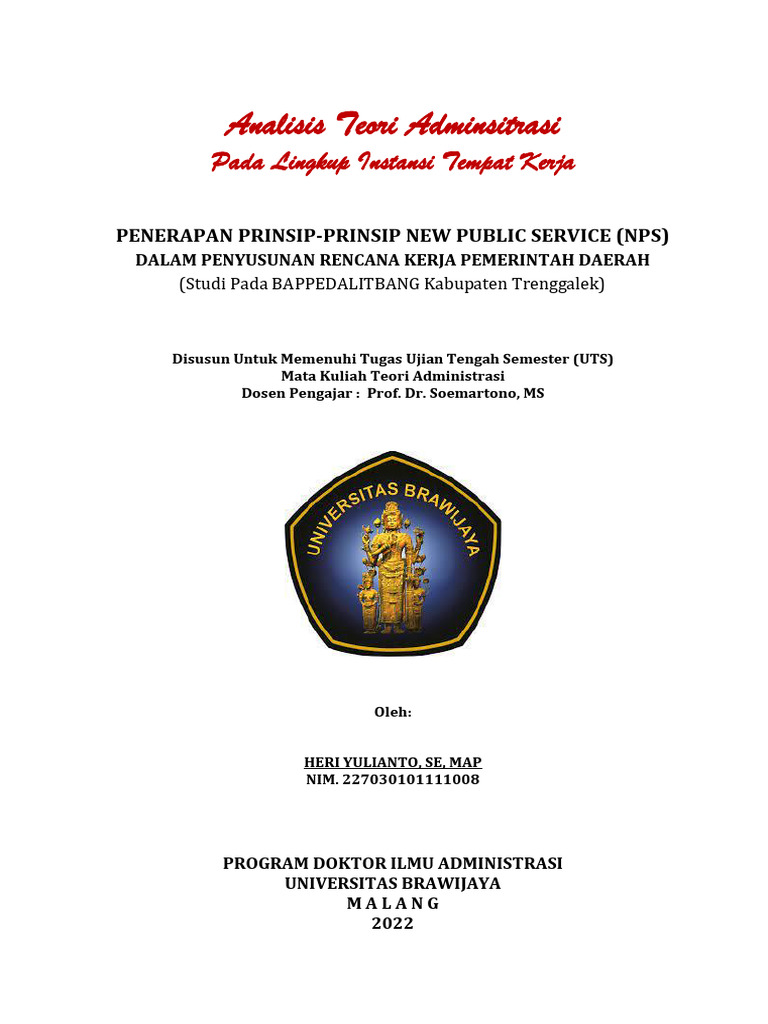 Tugas UTS MT Kuliah Teori Administrasi (Dosen Prof. Dr. Sumartono) - Heri Yulianto, SE, MAP | PDF