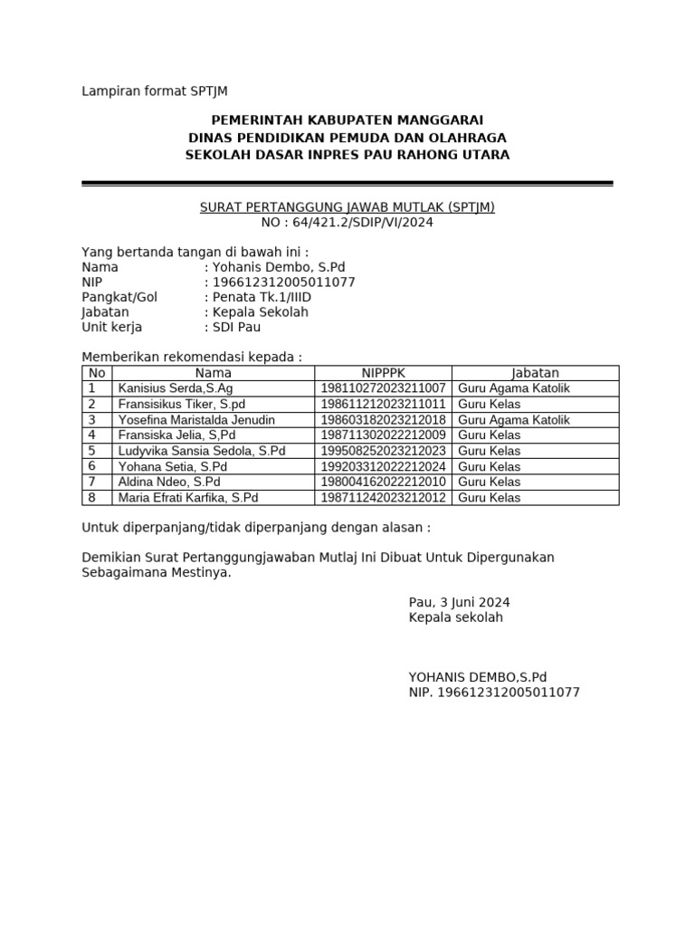 Lampiran Format SPTJM | PDF