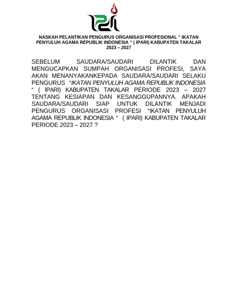 Naskah Pelantikan IPARI TAKALAR | PDF