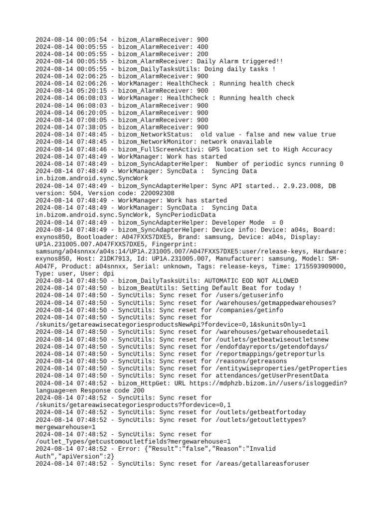 Bizom Daily Sync and Alarm Logs | PDF | Computer Architecture | System Software