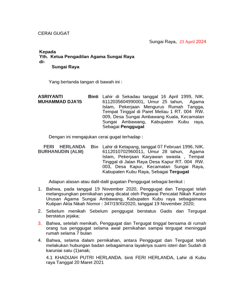 Surat Gugat Cerai ASRIYANTI | PDF