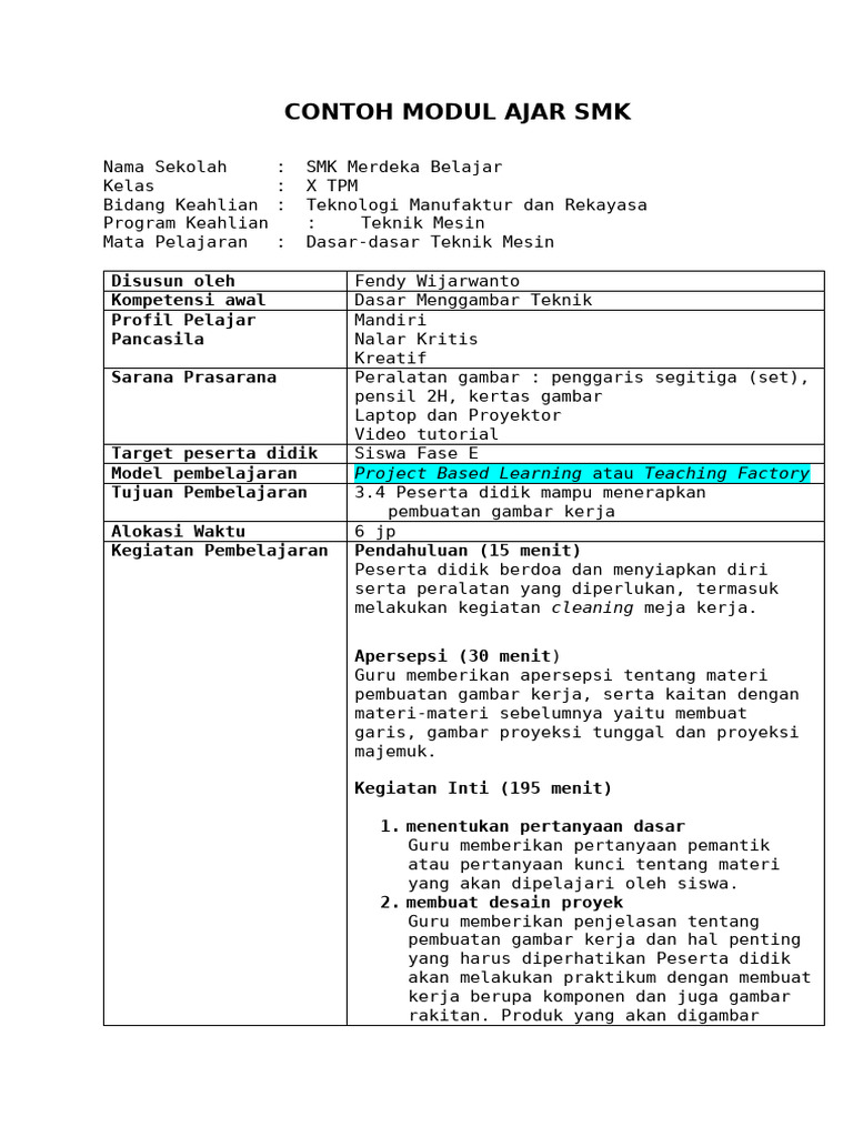 Contoh Modul Ajar SMK - Ok 1 | PDF