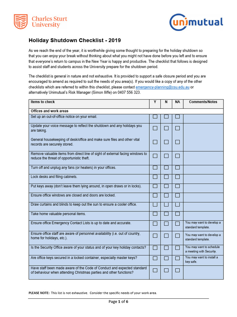 Holiday Shutdown Checklist – 2019 | PDF | Laboratories | Refrigerator
