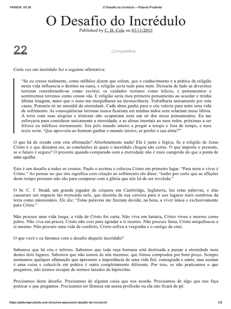 O Desafio Do Incredulo | PDF