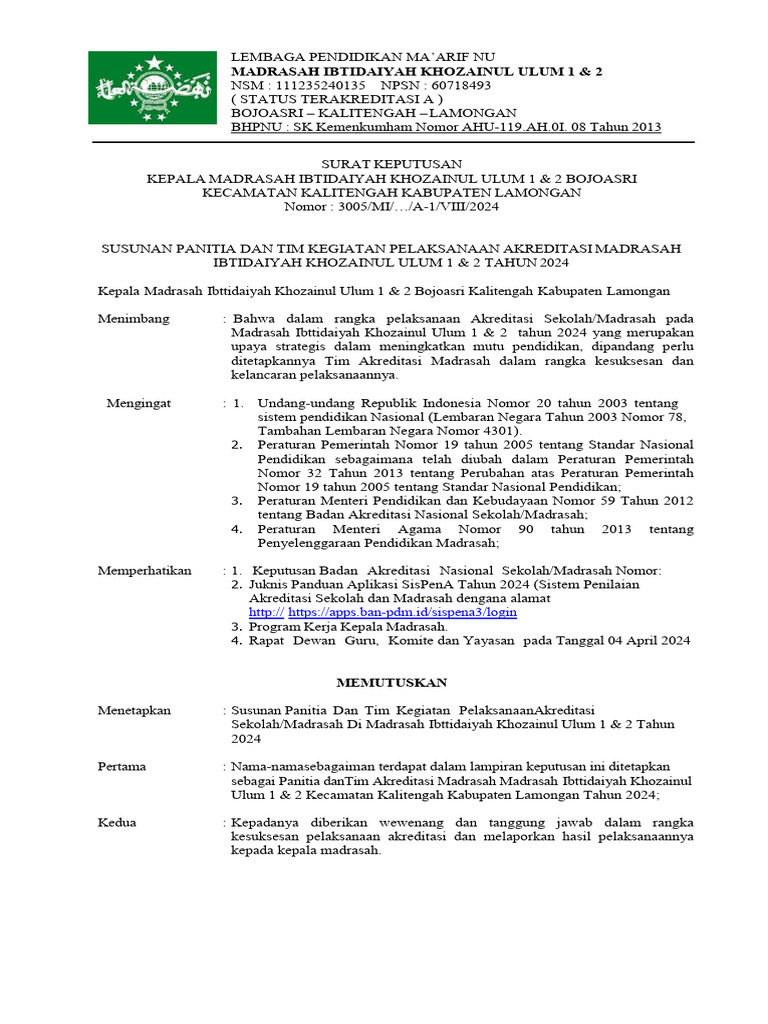 SK Pembagian Tugas Tim Akreditasi | PDF