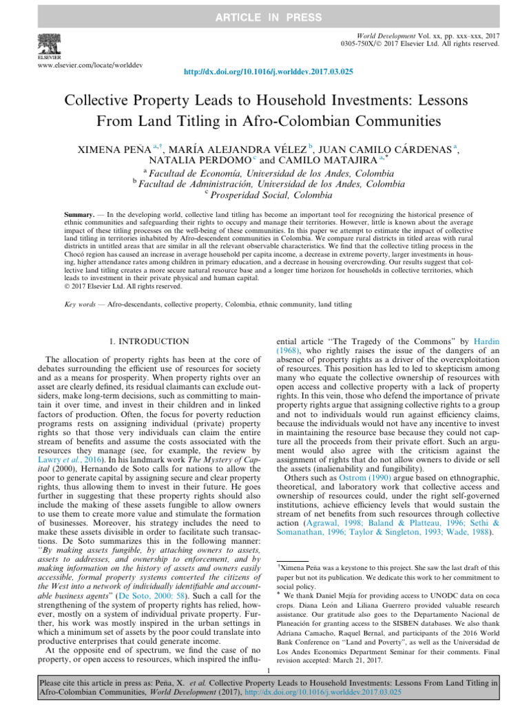 Peña Et Al. (2017) - Collective Property Leads To Household Investments ...