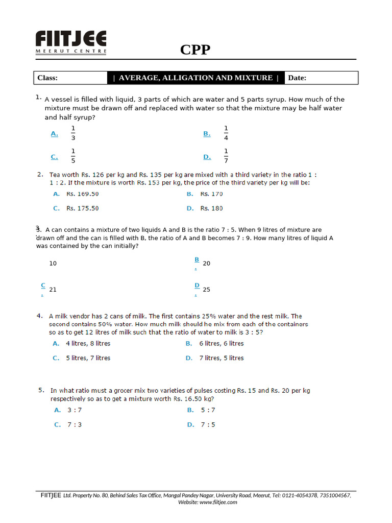 Average Alligation And Mixture Pdf Ratio Mixture