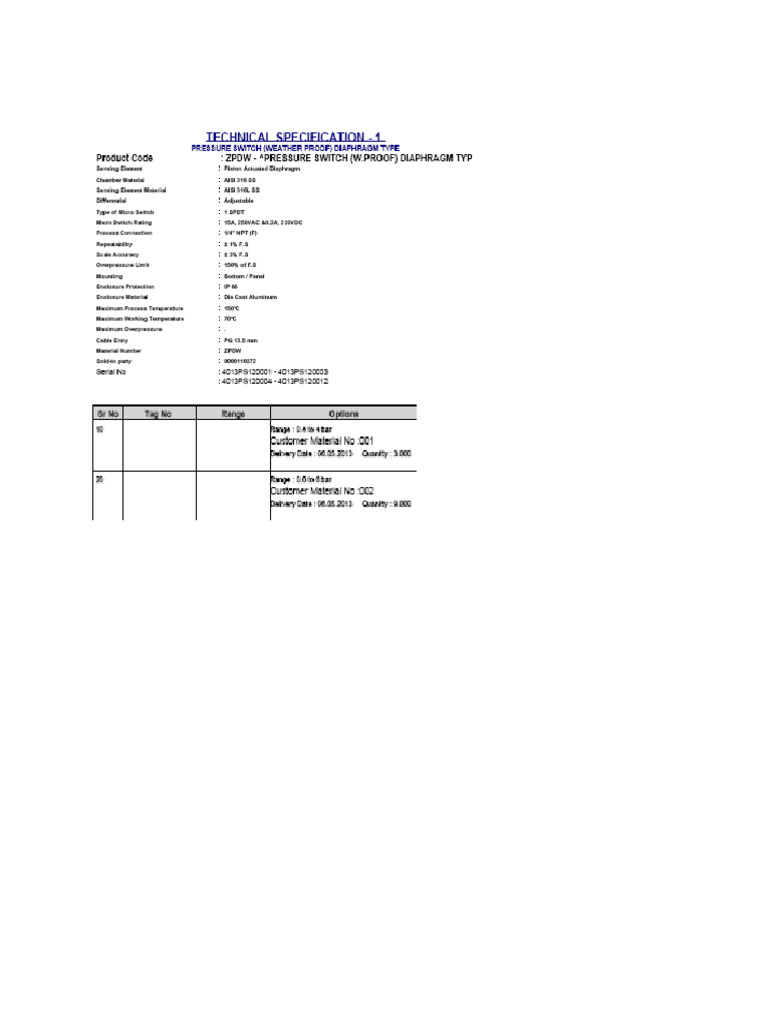 PRESSURE SWITCH SPEC | PDF