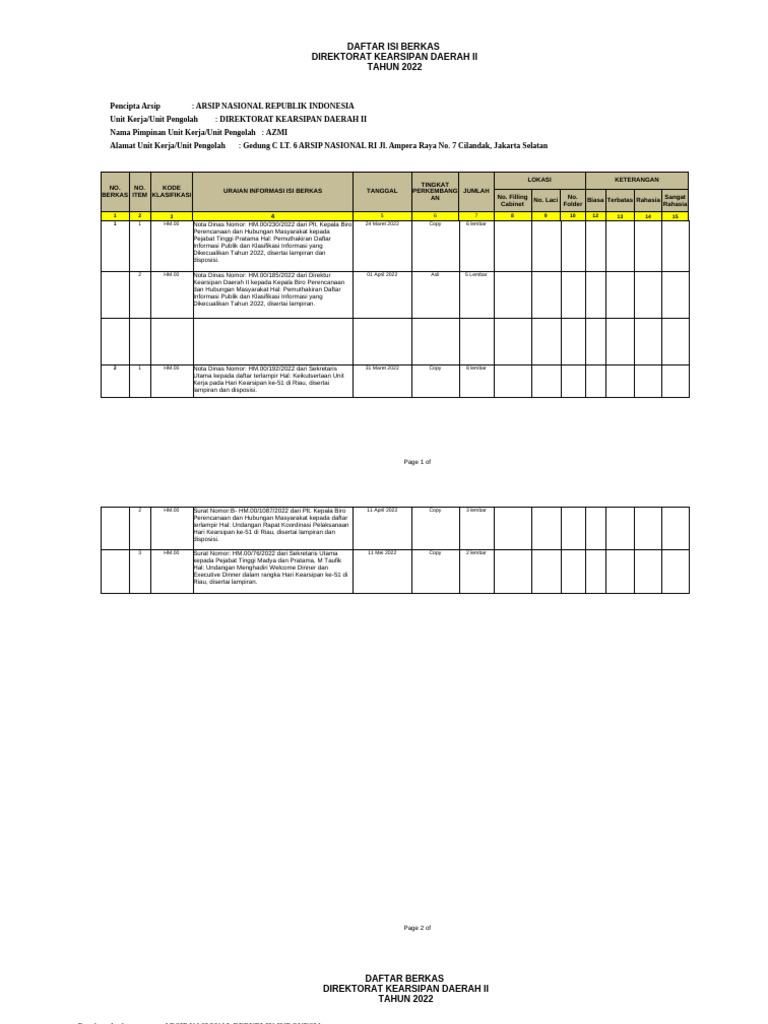 CONTOH Form DAFTAR ARSIP AKTIF | PDF