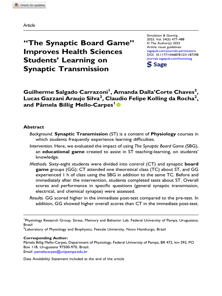 Carrazoni Et Al 2023 The Synaptic Board Game Improves Health Sciences Students Learning On ...
