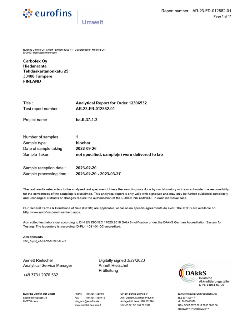 Biochar Analytical Report AR-23-FR-012882-01 | PDF