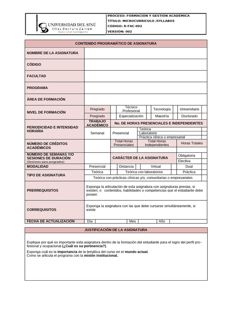R-Fac-002 Microcurriculo-Syllabus | PDF | Aprendizaje | Evaluación
