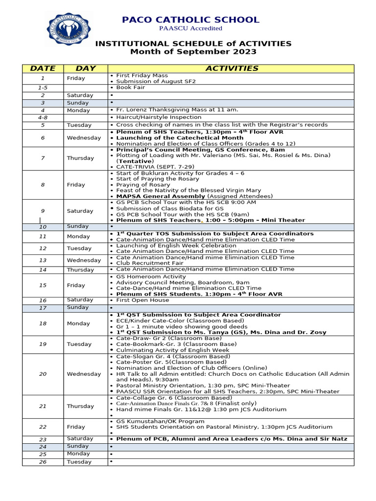 School Activity Schedule Sept-Nov | PDF | Christian Worship And Liturgy ...