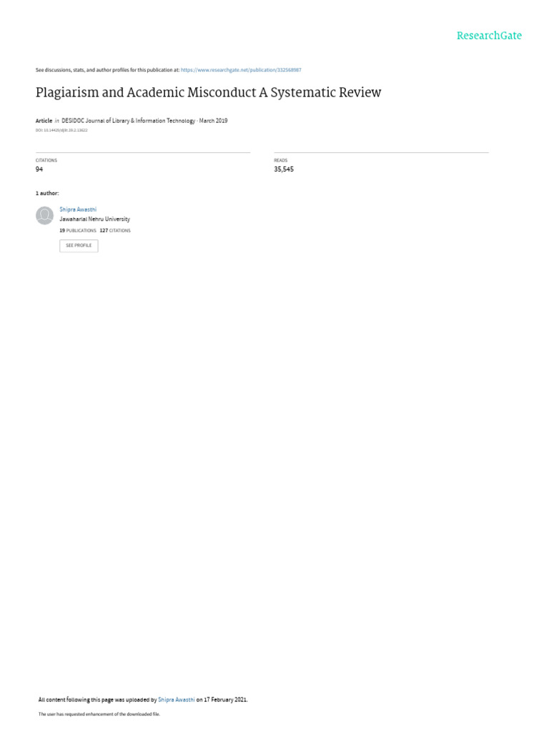 Plagiarism and Academic Misconduct - A Systematic Review | PDF ...