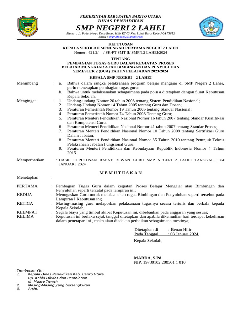 SK Pembagian Tugas SMTR 2 23-24 Baru | PDF