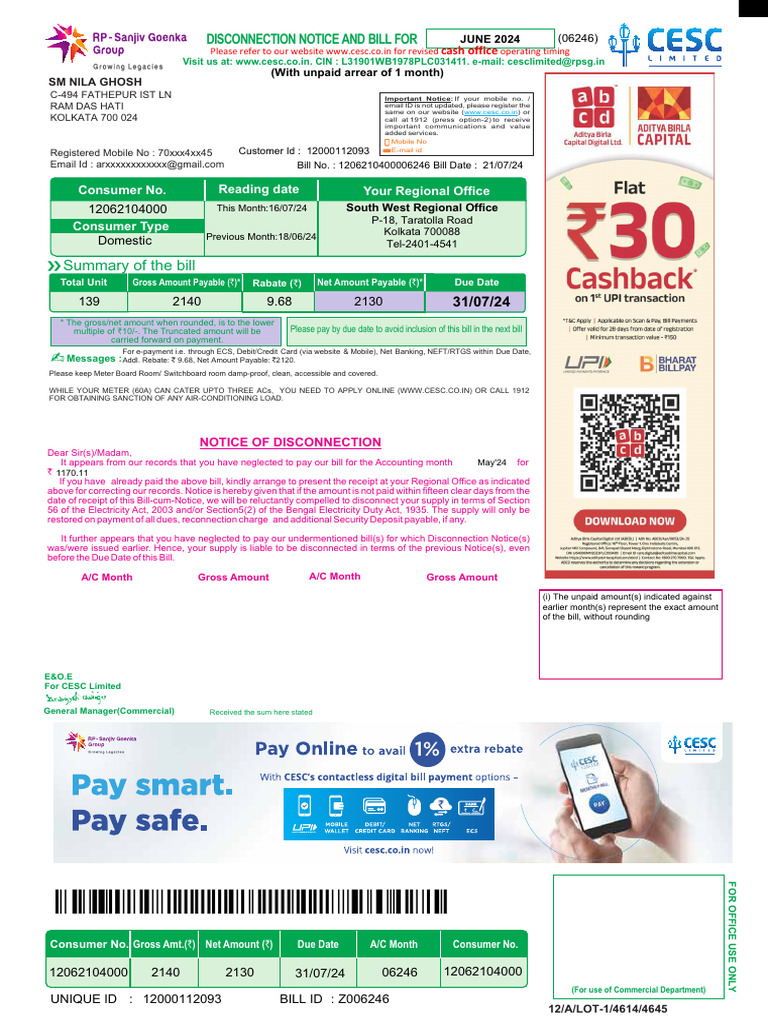 Summary of The Bill: Disconnection Notice and Bill For | PDF | Rebate ...