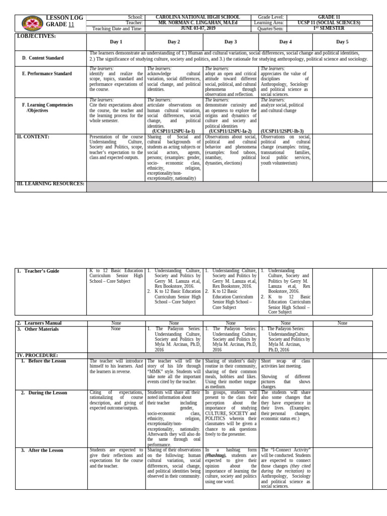 DLL Ucsp 1st Week PDF Free | PDF | Learning | Social Sciences