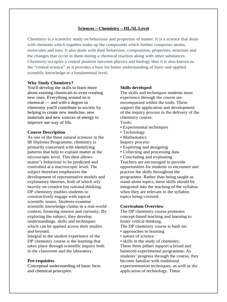 Subject Brief Outline Chemistry IBDP | PDF | Chemistry | Science
