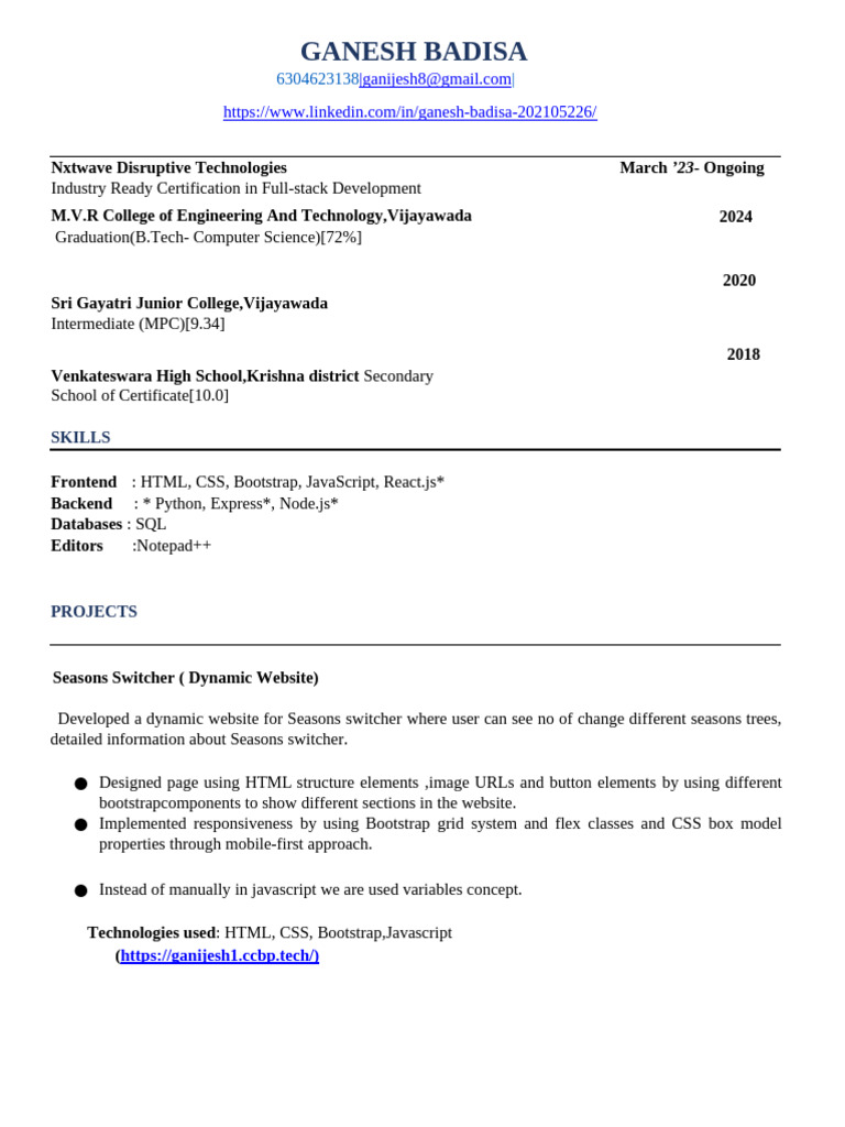 Ganesh Resume 2 Pages Word | PDF | Bootstrap (Front End Framework) | Java Script